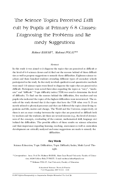 (PDF) The Science Topics Perceived Difficult by Pupils at Primary 6-8 ...