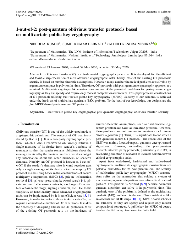 (PDF) Post-Quantum Oblivious Transfer via Multivariate Cryptography