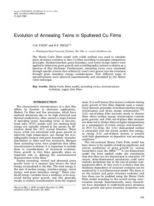 (PDF) Evolution of Annealing Twins in Sputtered Cu Films