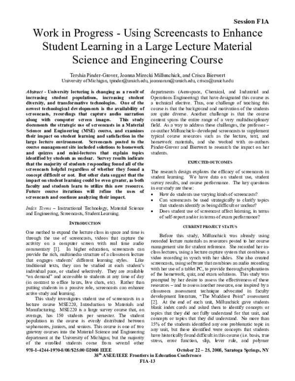 (PDF) Work in progress - using screencasts to enhance student learning in a large lecture ...