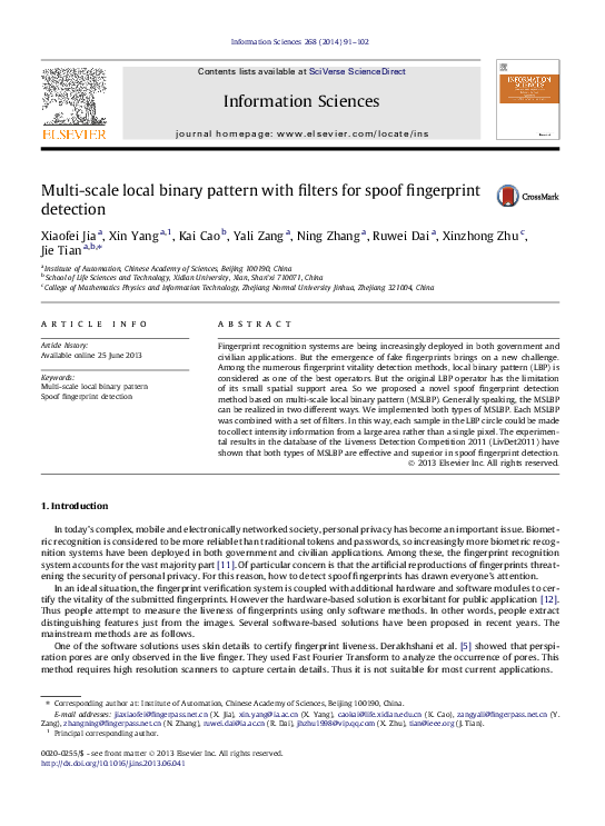(PDF) Multi-scale local binary pattern with filters for spoof fingerprint detection