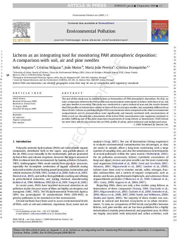 (PDF) Lichens as an integrating tool for monitoring PAH atmospheric ...