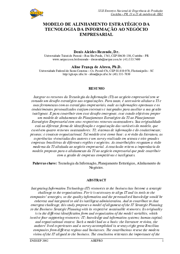 (PDF) Modelo De Alinhamento Estrat gico Da Tecnologia Da Informa o Ao Neg cio Empresarial