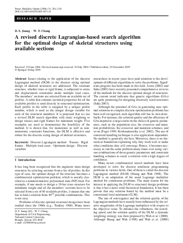 Pdf A Revised Discrete Lagrangian Based Search Algorithm For The Optimal Design Of Skeletal