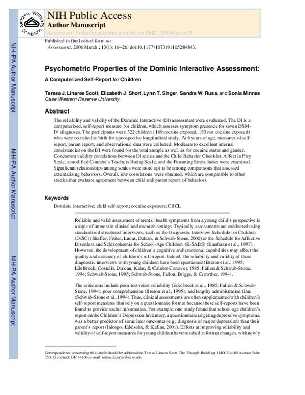 (PDF) Psychometric Properties of the Dominic Interactive Assessment