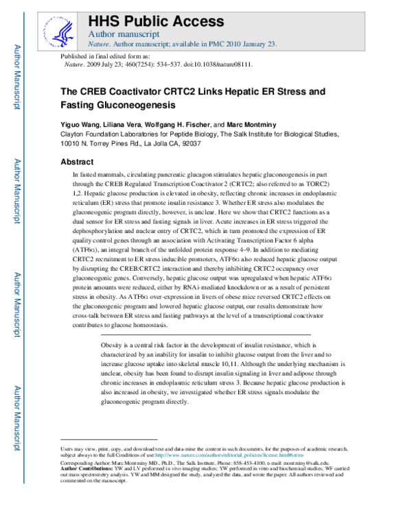 (PDF) The CREB coactivator CRTC2 links hepatic ER stress and fasting ...