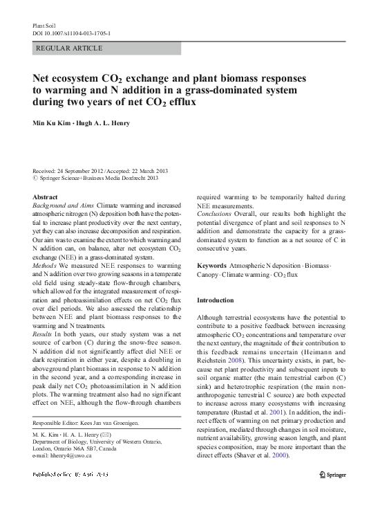 (PDF) Net ecosystem CO2 exchange and plant biomass responses to warming and N addition in a ...