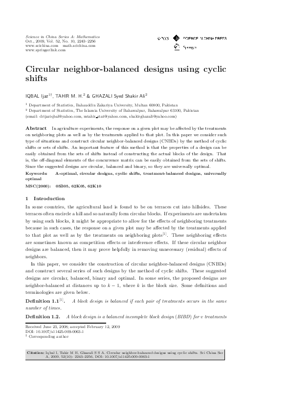 (PDF) Circular neighbor-balanced designs using cyclic shifts
