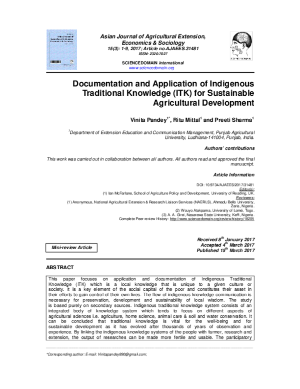 (PDF) Documentation and Application of Indigenous Traditional Knowledge (ITK) for Sustainable ...