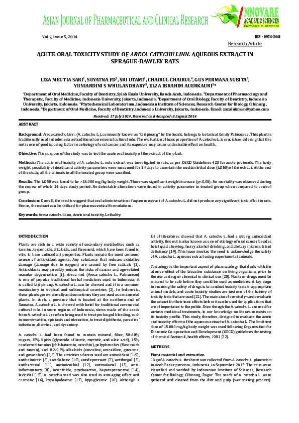 (PDF) Acute Oral Toxicity Study of Areca Catechu Linn. Aqueous Extract in Sprague‑Dawley Rats