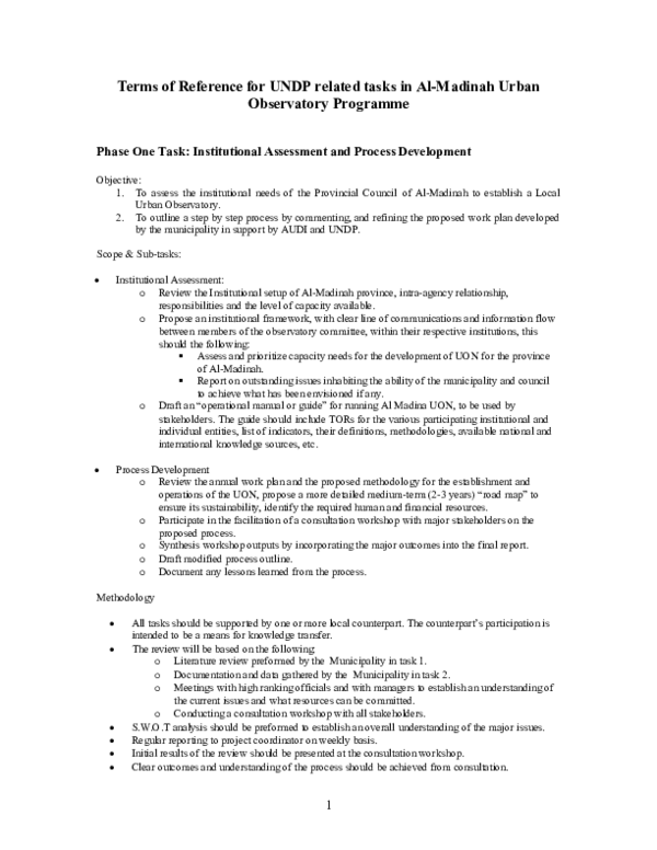 (DOC) UNDP Task Framework for Al-Madinah Urban Observatory