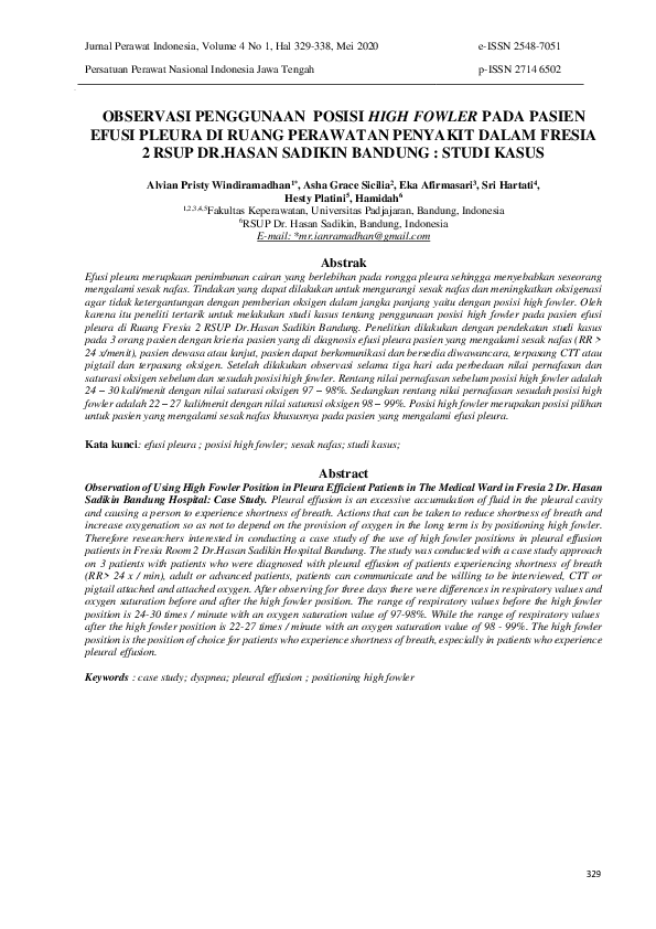 (PDF) Observasi Penggunaan Posisi High Fowler Pada Pasien Efusi Pleura di Ruang Perawatan ...