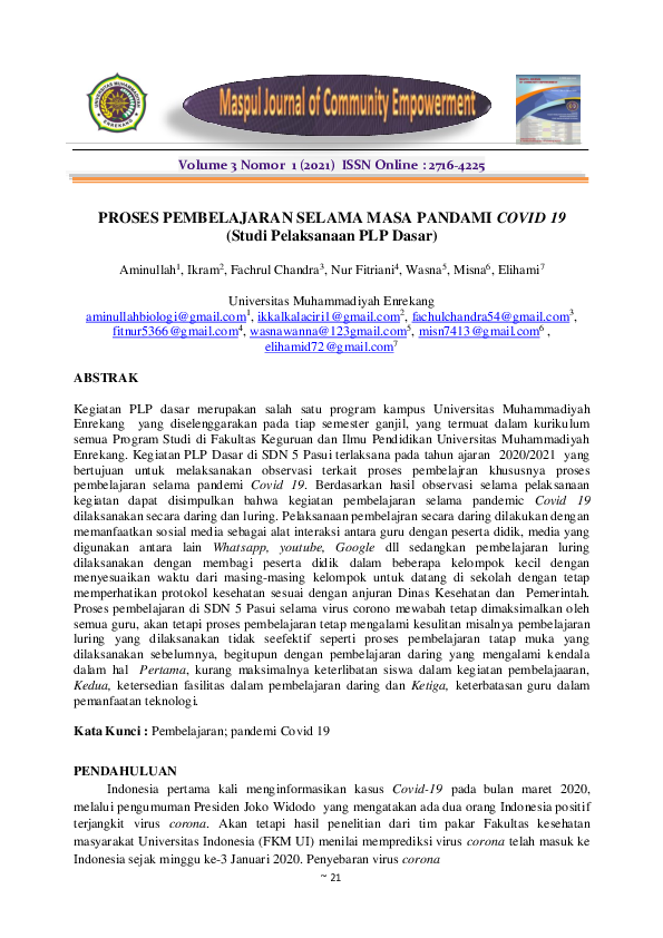 (PDF) Proses Pembelajaran Selama Masa Pandemi Covid-19 (Studi Pelaksanaan PLP Dasar)