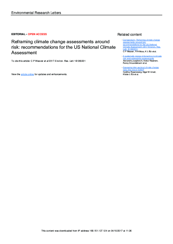 (PDF) Reframing climate change assessments around risk: recommendations ...