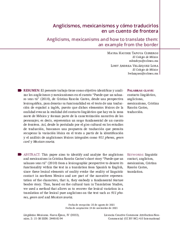 (PDF) Anglicismos, mexicanismos y cómo traducirlos en un cuento de ...