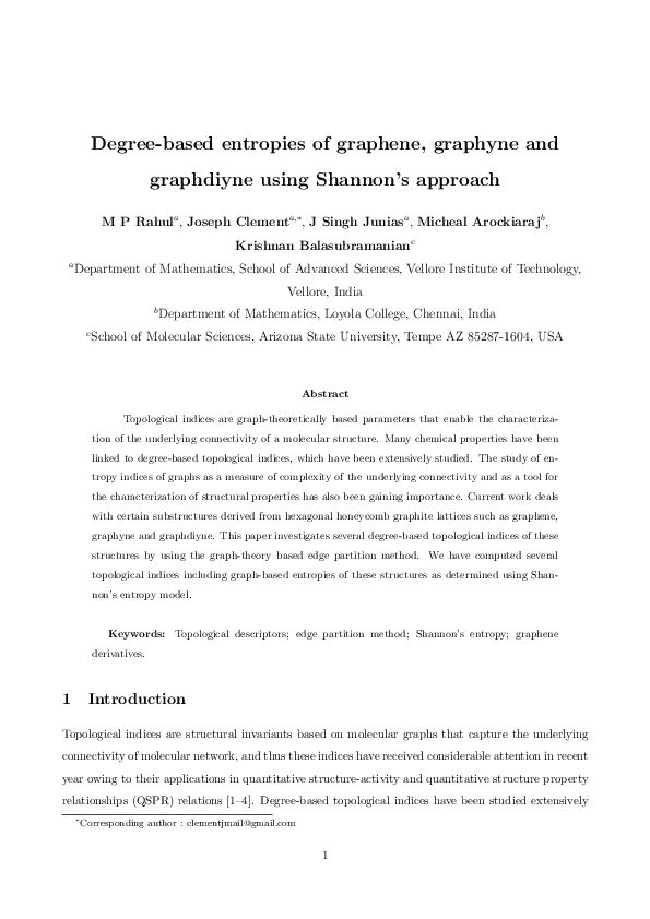Pdf Degree Based Entropies Of Graphene Graphyne And Graphdiyne Using Shannons Approach 0033