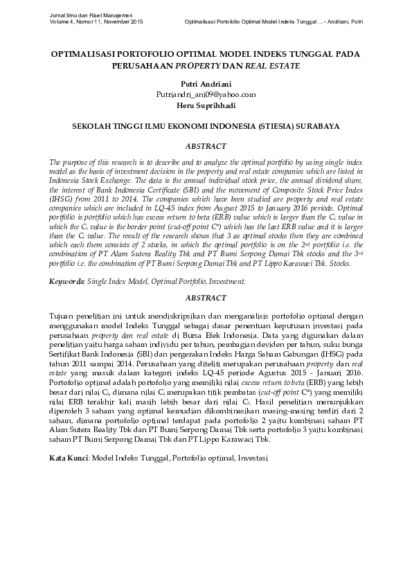(PDF) Optimalisasi Portofolio Optimal Model Indeks Tunggal Pada ...