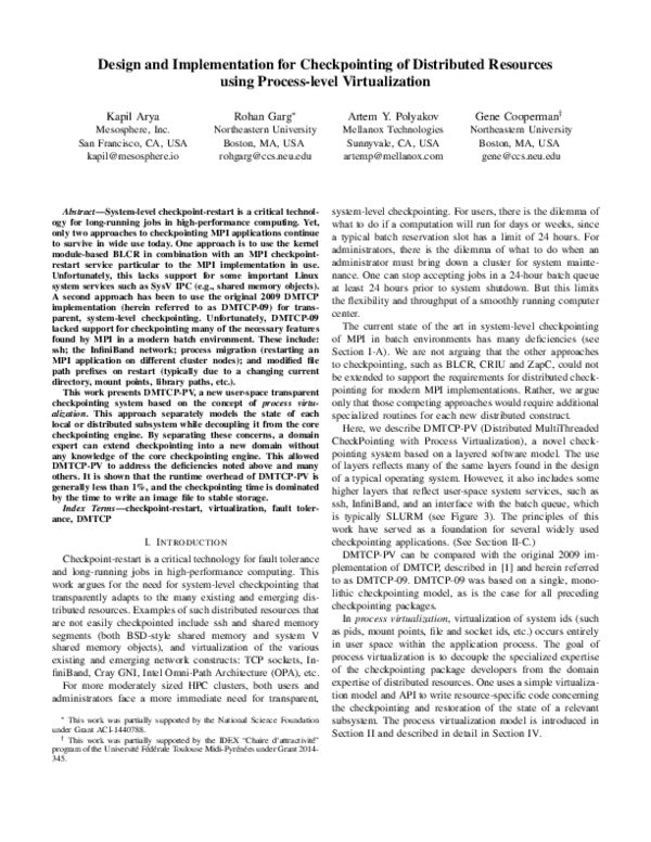 (PDF) Design and Implementation for Checkpointing of Distributed Resources Using Process-Level ...
