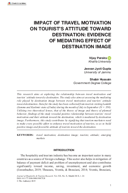 (PDF) Impact of Travel Motivation on Tourist’s Attitude Toward Destination: Evidence of ...