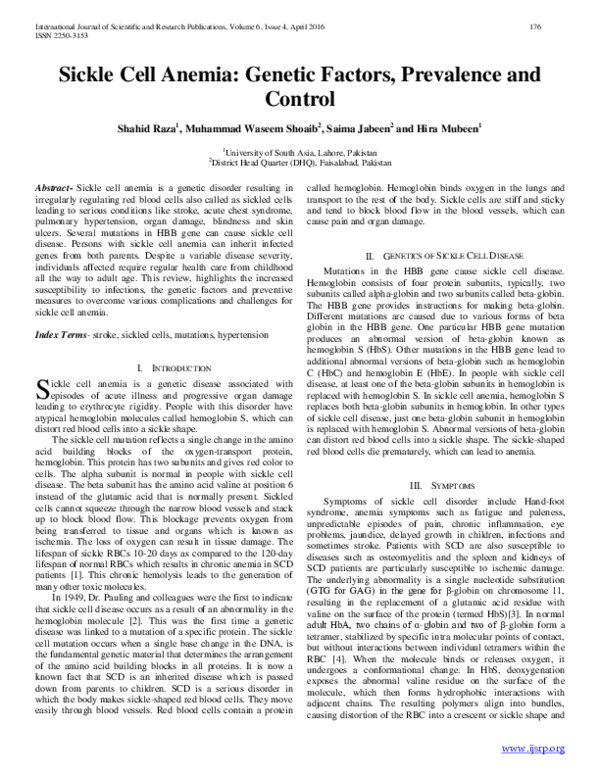 (PDF) Sickle Cell Anemia: Genetic Factors, Prevalence and Control