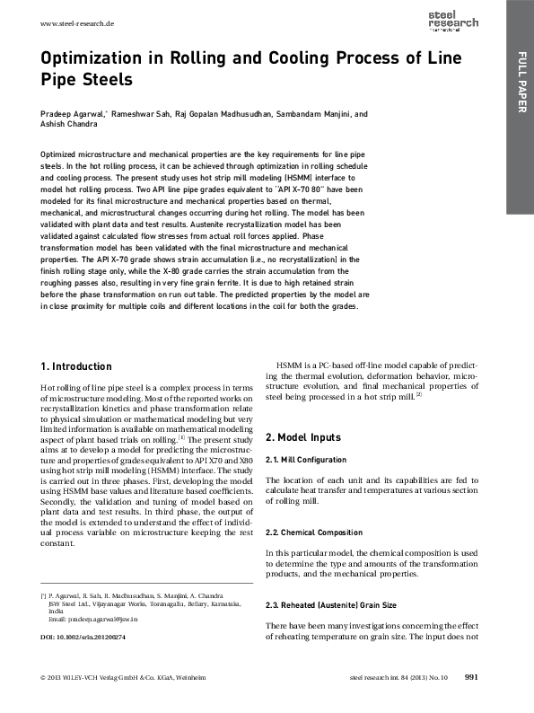 (PDF) Optimization in Rolling and Cooling Process of Line Pipe Steels