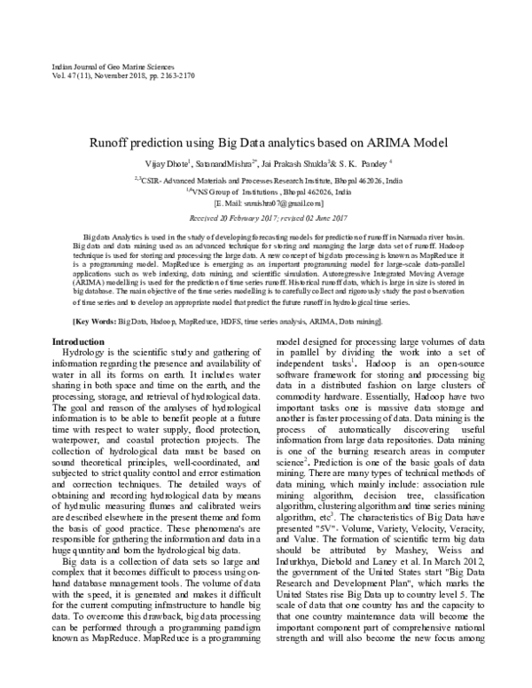 (PDF) Runoff prediction using Big Data analytics based on ARIMA Model