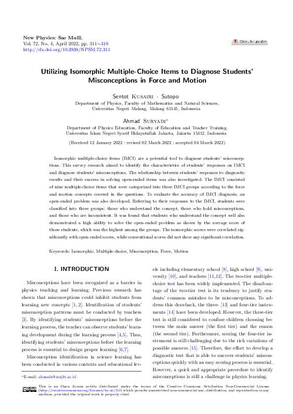(PDF) Utilizing Isomorphic Multiple-Choice Items to Diagnose Students' Misconceptions in Force ...