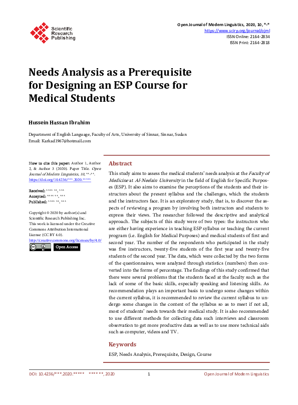 (PDF) Needs Analysis as a Prerequisite for Designing an ESP Course for Medical Students