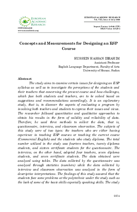 (PDF) Concepts and Measurements for Designing an ESP Course