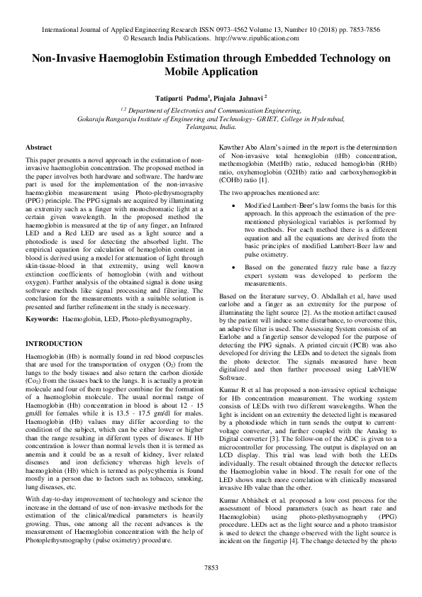 (PDF) Non-Invasive Haemoglobin Estimation through Embedded Technology on Mobile Application