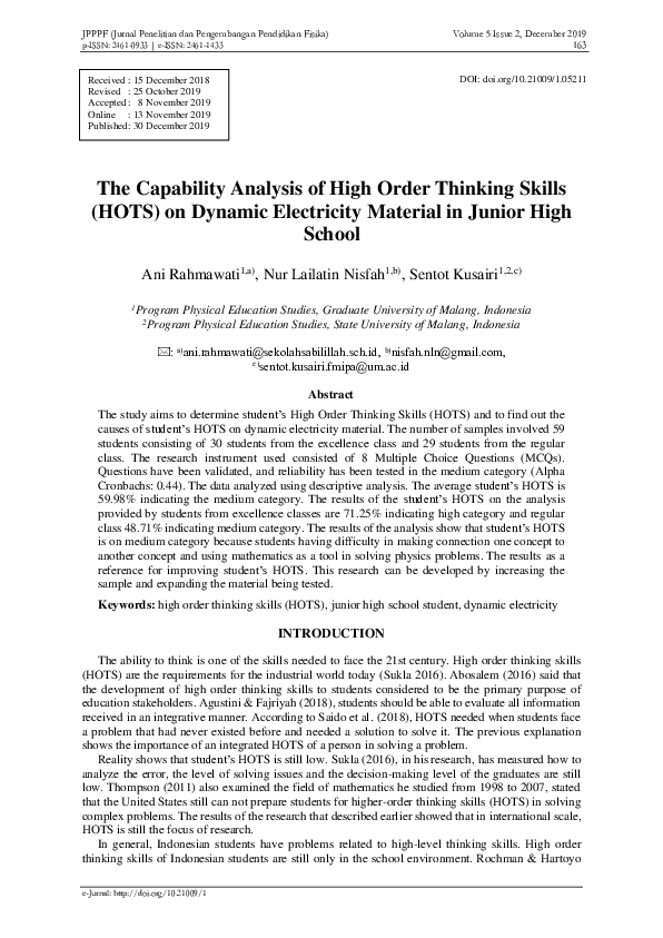 (PDF) Analyzing HOTS in Dynamic Electricity Education