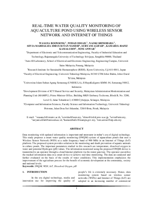 (PDF) Real-Time Water Quality Monitoring of Aquaculture Pond Using Wireless Sensor Network and ...
