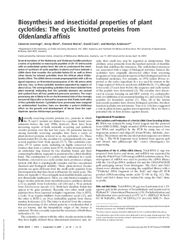 (PDF) Biosynthesis and insecticidal properties of plant cyclotides: The ...