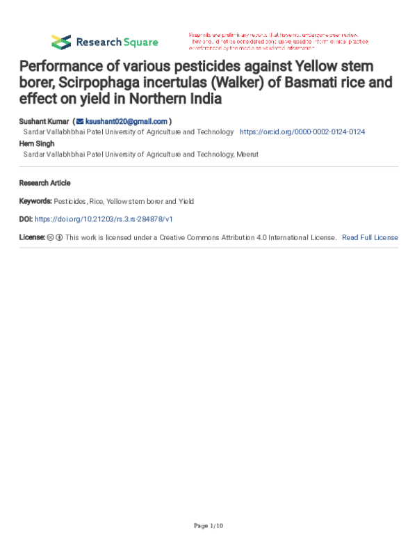 (PDF) Performance of various pesticides against Yellow stem borer ...