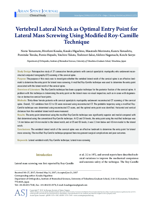 (PDF) Vertebral Lateral Notch as Optimal Entry Point for Lateral Mass ...