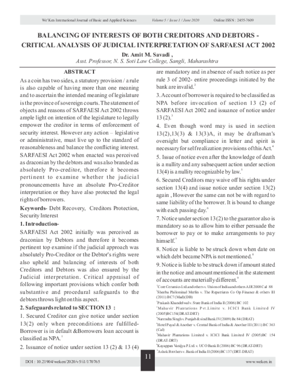 (PDF) Balancing of Interests of Both Creditors and Debtors ...