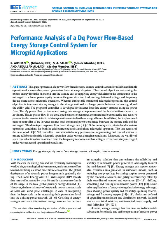(PDF) Performance Analysis of a Dq Power Flow-Based Energy Storage Control System for Microgrid ...