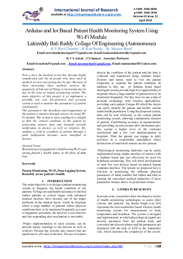 Pdf Arduino And Iot Based Patient Health Monitoring System Using Wi Fi Module