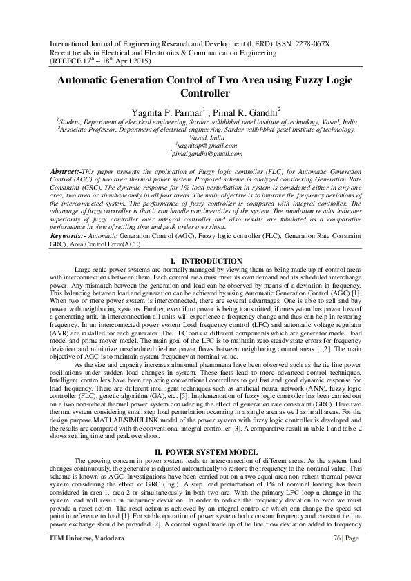 (PDF) Automatic Generation Control of Two Area using Fuzzy Logic Controller | Dr. Pimal Gandhi ...