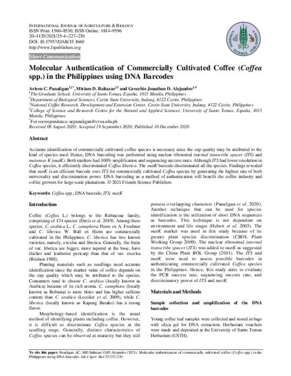 (PDF) Molecular Authentication of Commercially Cultivated Coffee ...