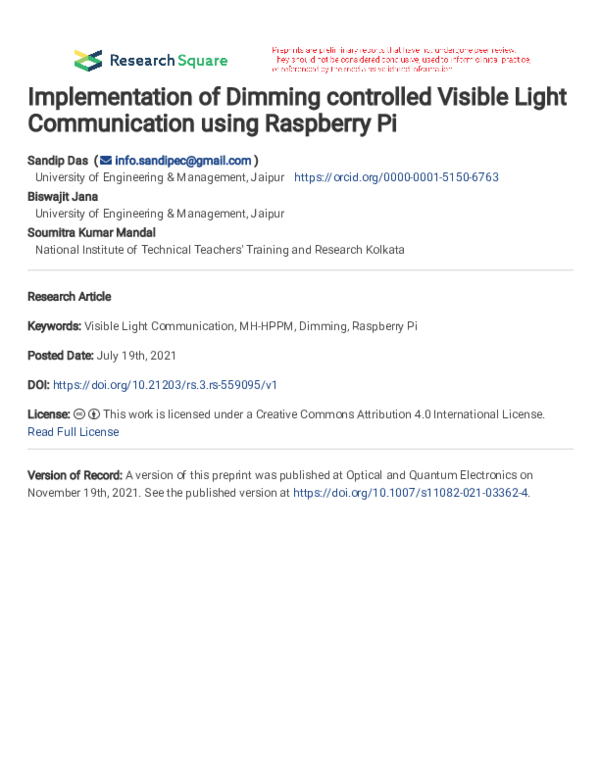 Pdf Implementation Of Dimming Controlled Visible Light Communication
