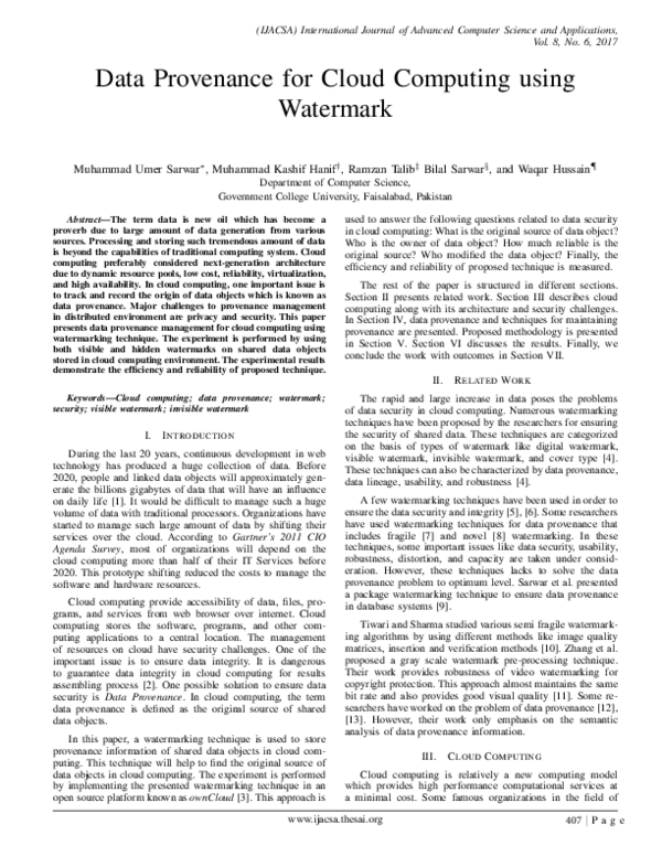 (PDF) Data Provenance for Cloud Computing using Watermark