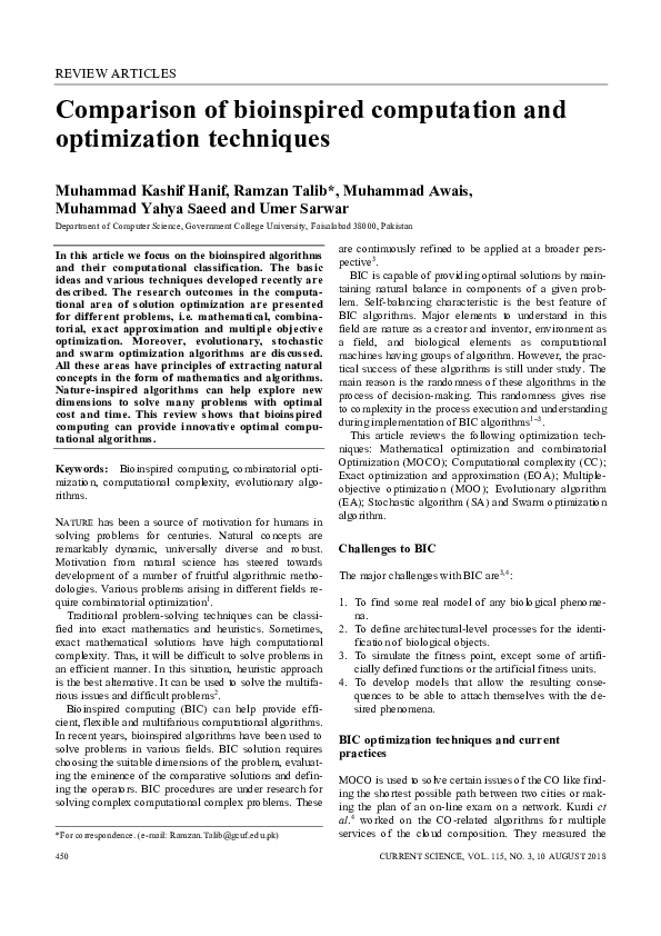(PDF) Comparison of Bioinspired Computation and Optimization Techniques