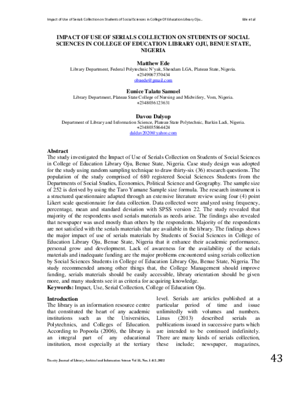 (PDF) IMPACT OF USE OF SERIALS COLLECTION ON STUDENTS OF SOCIAL ...
