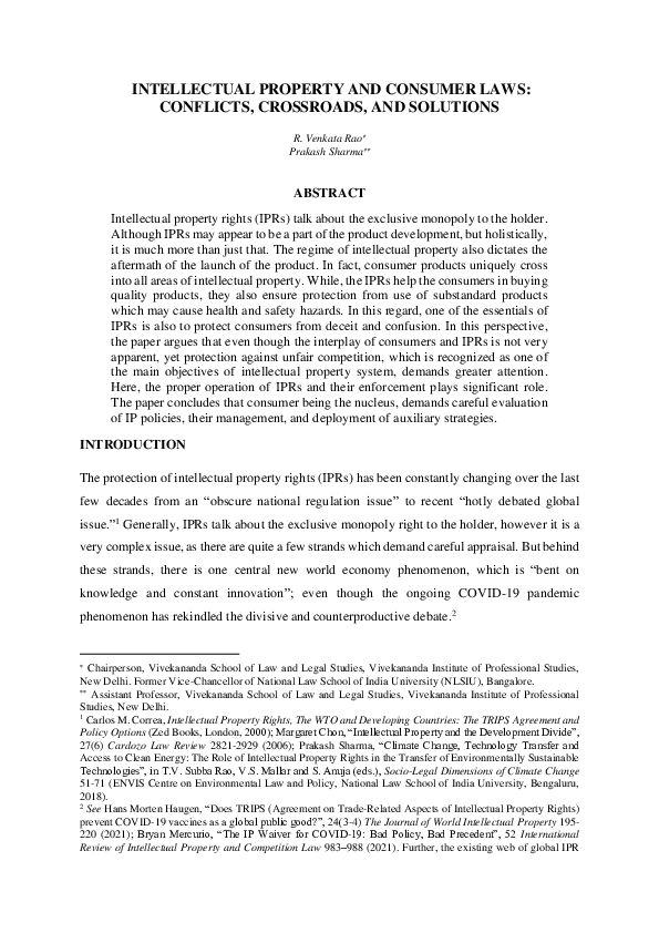 (PDF) INTELLECTUAL PROPERTY AND CONSUMER LAWS: CONFLICTS, CROSSROADS ...