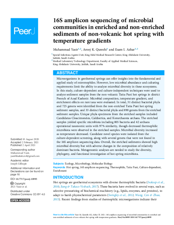 Pdf 16s Amplicon Sequencing Of Microbial Communities In Enriched And Non Enriched Sediments Of
