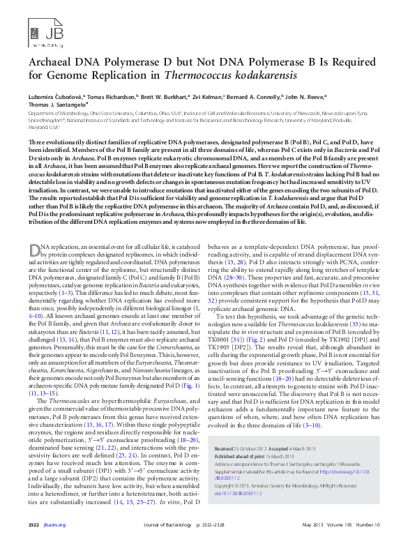 (PDF) Archaeal DNA Polymerase D but Not DNA Polymerase B Is Required ...