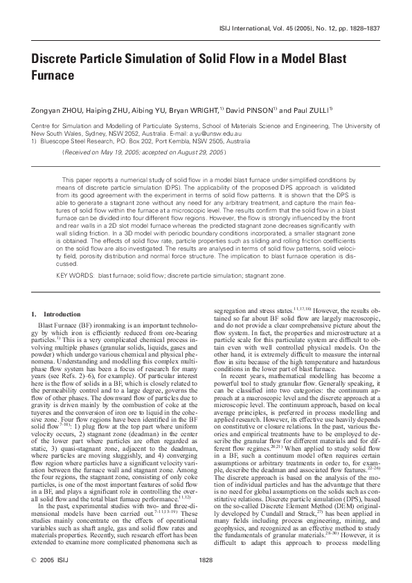 (PDF) Discrete Particle Simulation of Solid Flow in a Model Blast Furnace