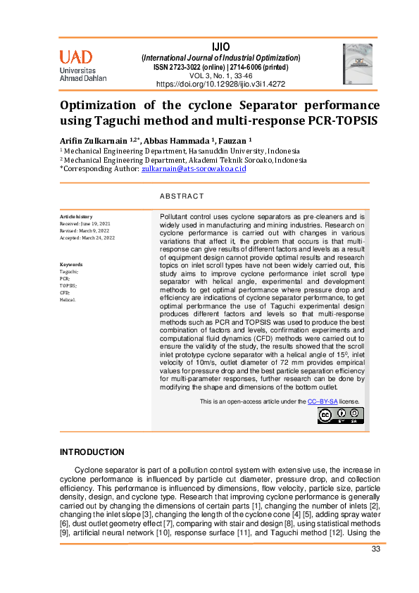 (PDF) Optimization of the cyclone Separator performance using Taguchi method and multi-response ...