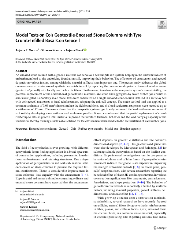 (PDF) Model Tests on Coir Geotextile-Encased Stone Columns with Tyre ...